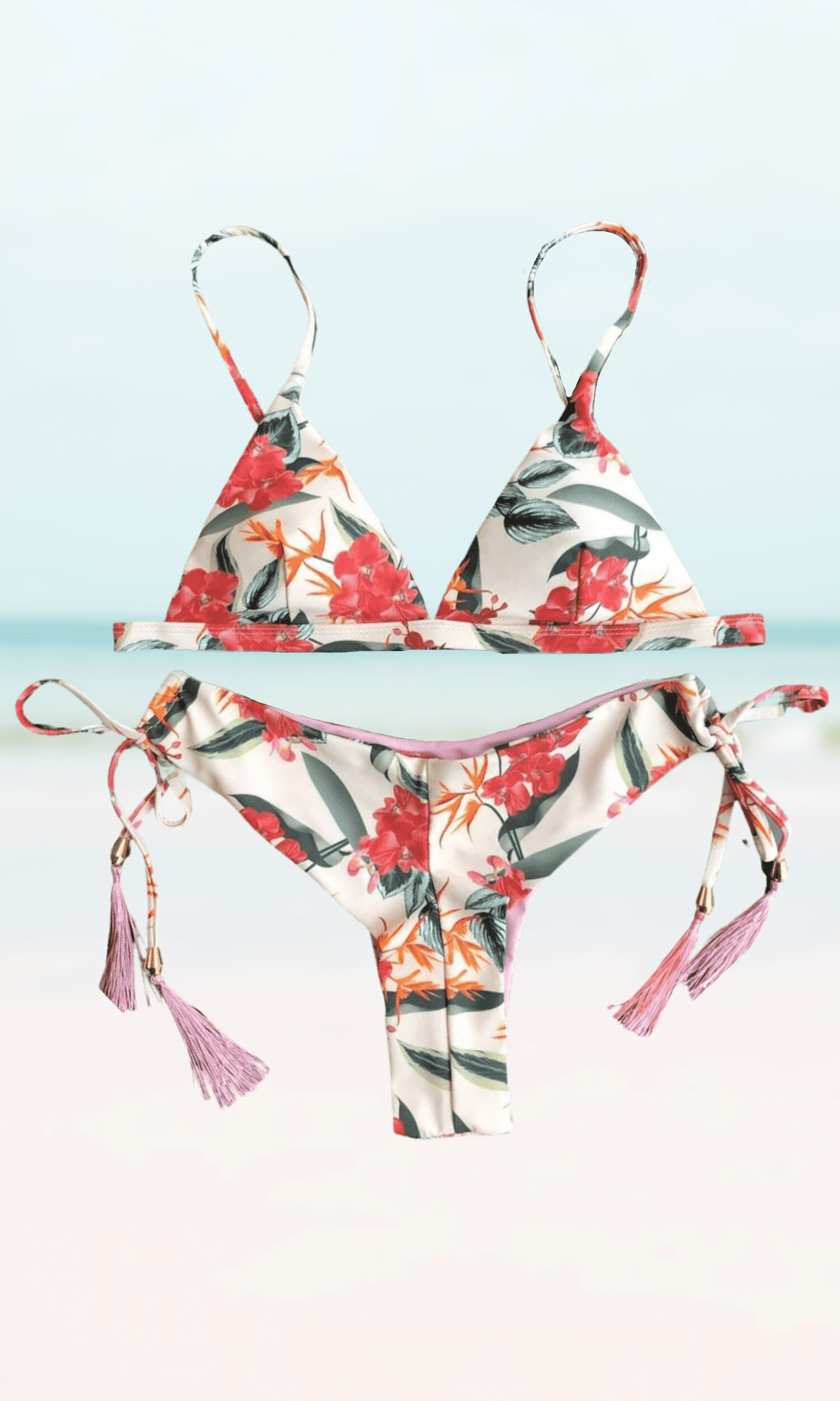 Meloriaswim Sexy Padded Leaf And Flower Batch Printing Tassel Halter Neck