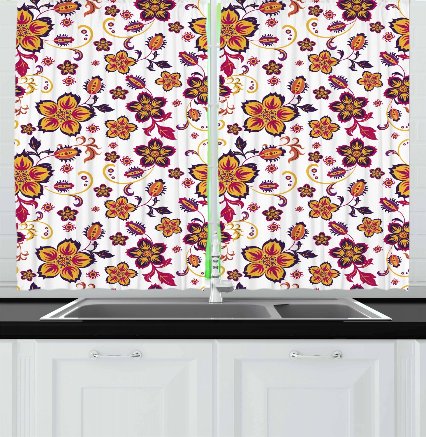 Floral Curtains 2 Panels Set, Blossoming Flowers Pattern in Vibrant ...