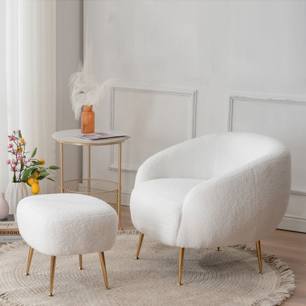 Sesslife Fluffy Chair with Ottoman, White Accent Chair and Ottoman Set ...