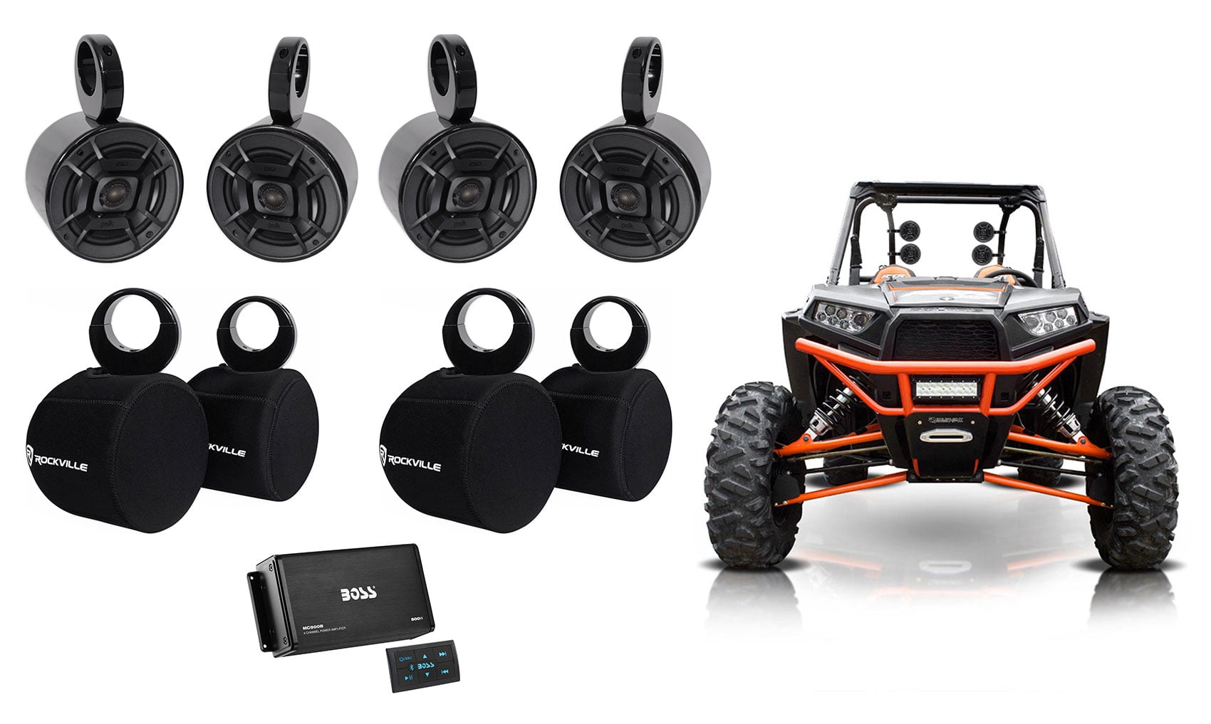 (4) Polk Audio 5.25" Tower Speakers+Covers+Bluetooth Amp 4 JEEP/ATV/UTV ...