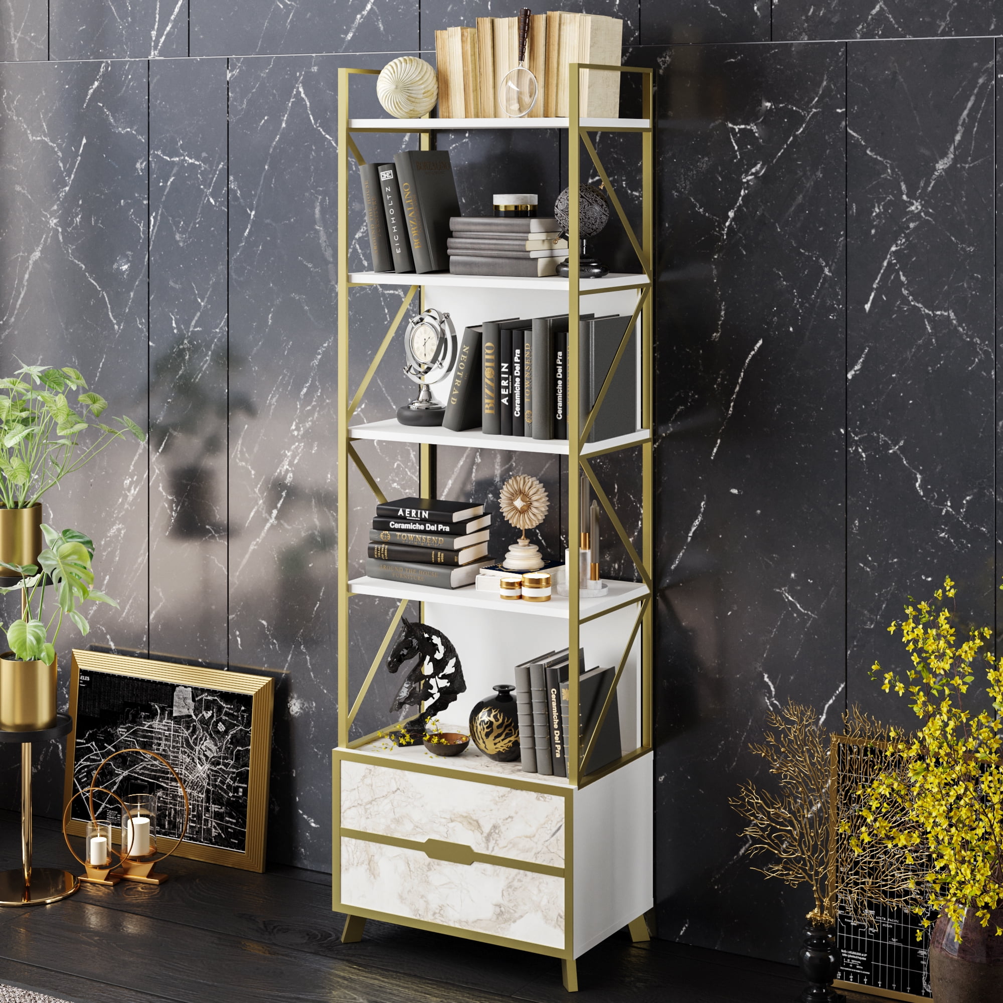 Frida 60 5 Open Shelves Bookcase - Ephesus Marble & Gold - Walmart.com