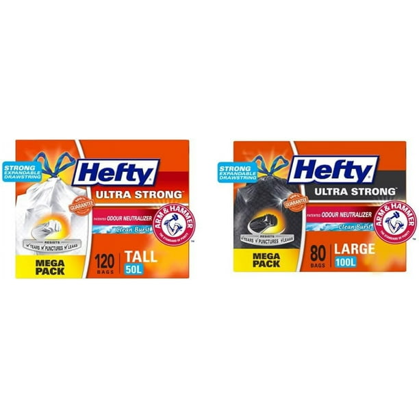 White/120 Bags, Ultra Strong Tall 50 Litres, Drawstring, Arm & Hammer ...