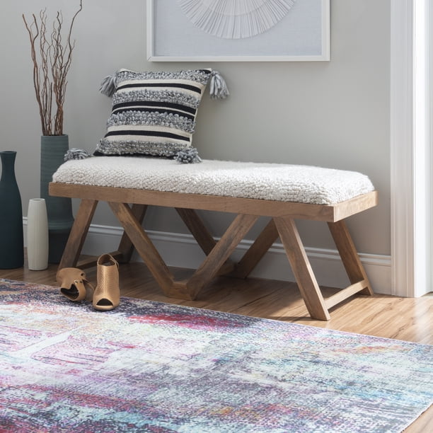 Feeney Upholstered Bench, Brown Frame with Off-White Handwoven Fabric ...