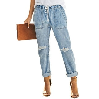 EOM Womans Pull On Side Pockets Full Elastic Waist Jeans (Chambray, L ...
