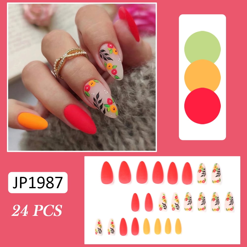 Women Scrub Artificial Nails With Red Yellow Color Matching False Nails ...