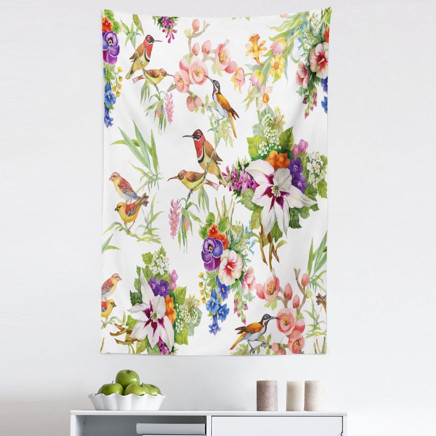 Floral Tapestry, Watercolor Wild Exotic Mockingbirds and Spring Flowers ...