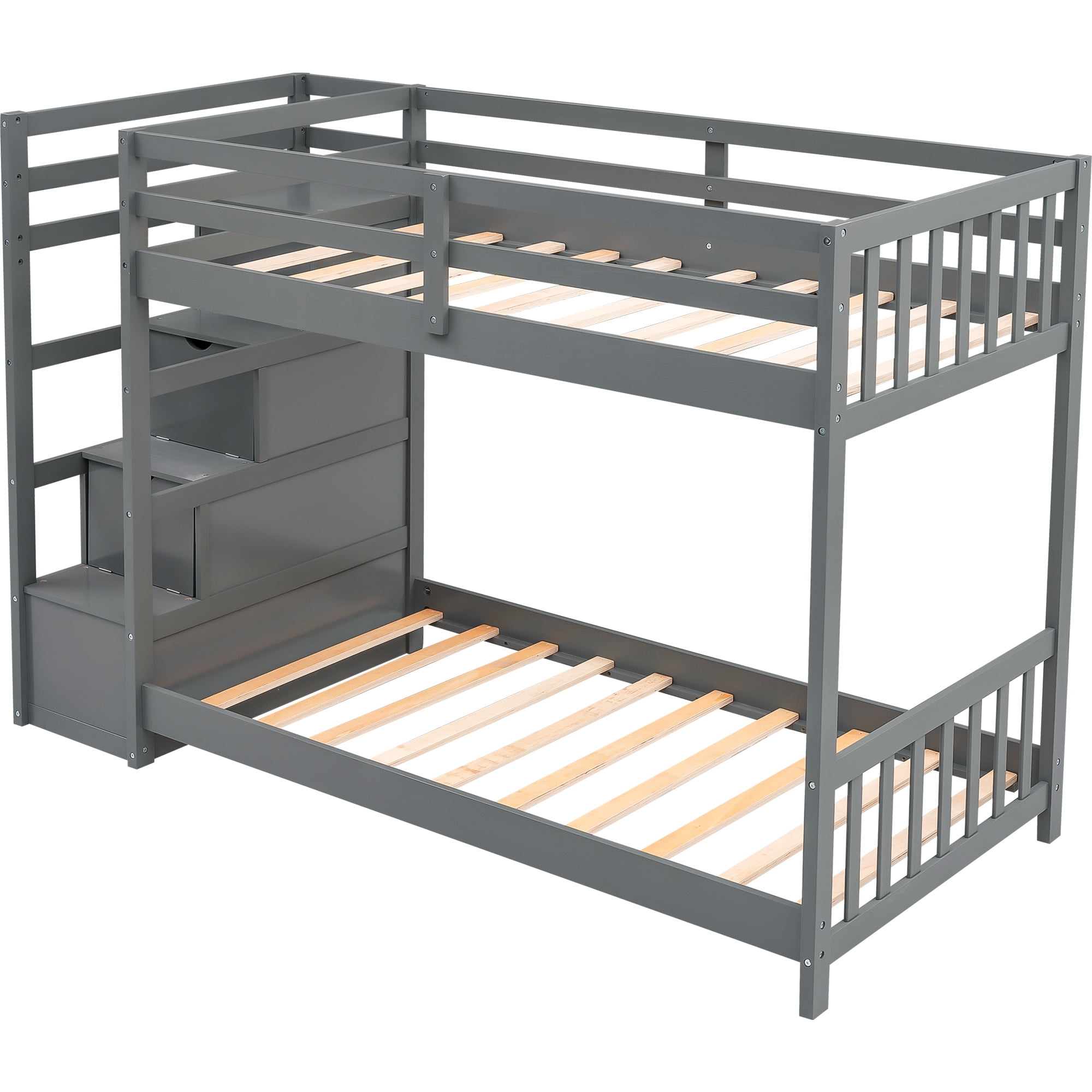 Buy Low Bunk Bed Twin Over Twin, Wood Double Parallel Twin Bunk Bed Frame with Staircases ...