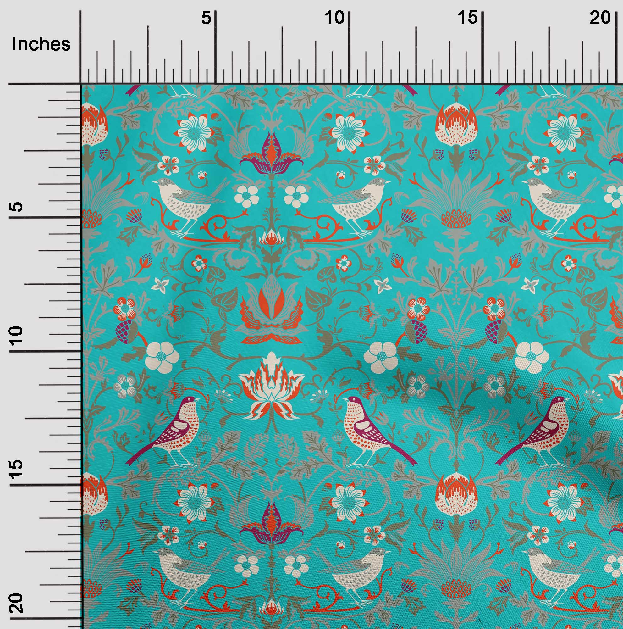 oneOone Cotton Poplin Turquoise Blue Fabric Leaves|Bird & Floral ...