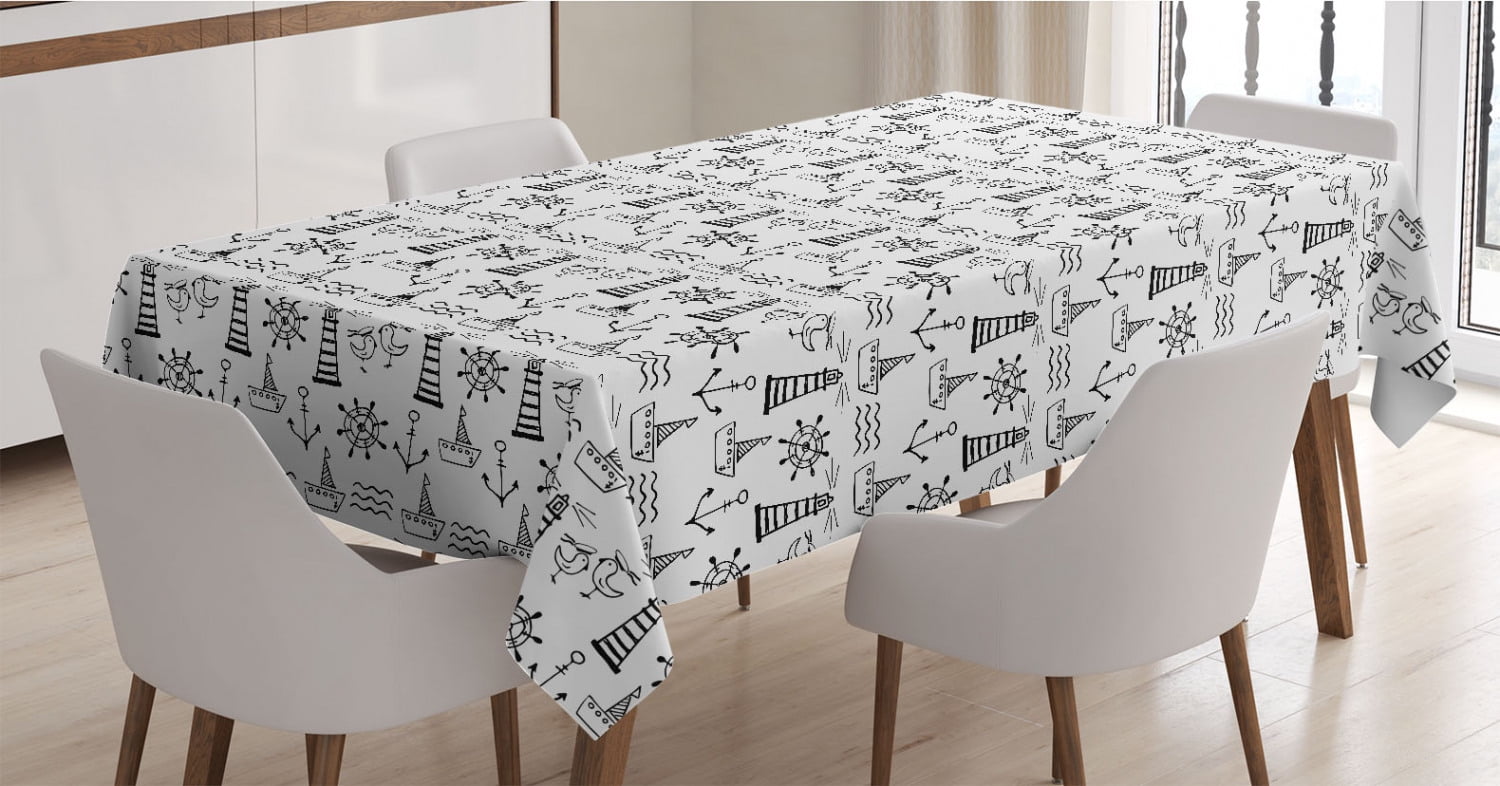 Lighthouse Tablecloth, Doodle Style Marine Elements Hand Drawn Nautical ...
