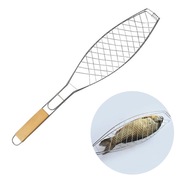 Wooden Handle Outdoor Picnic Barbecue Tools Single Fish Grill Basket ...