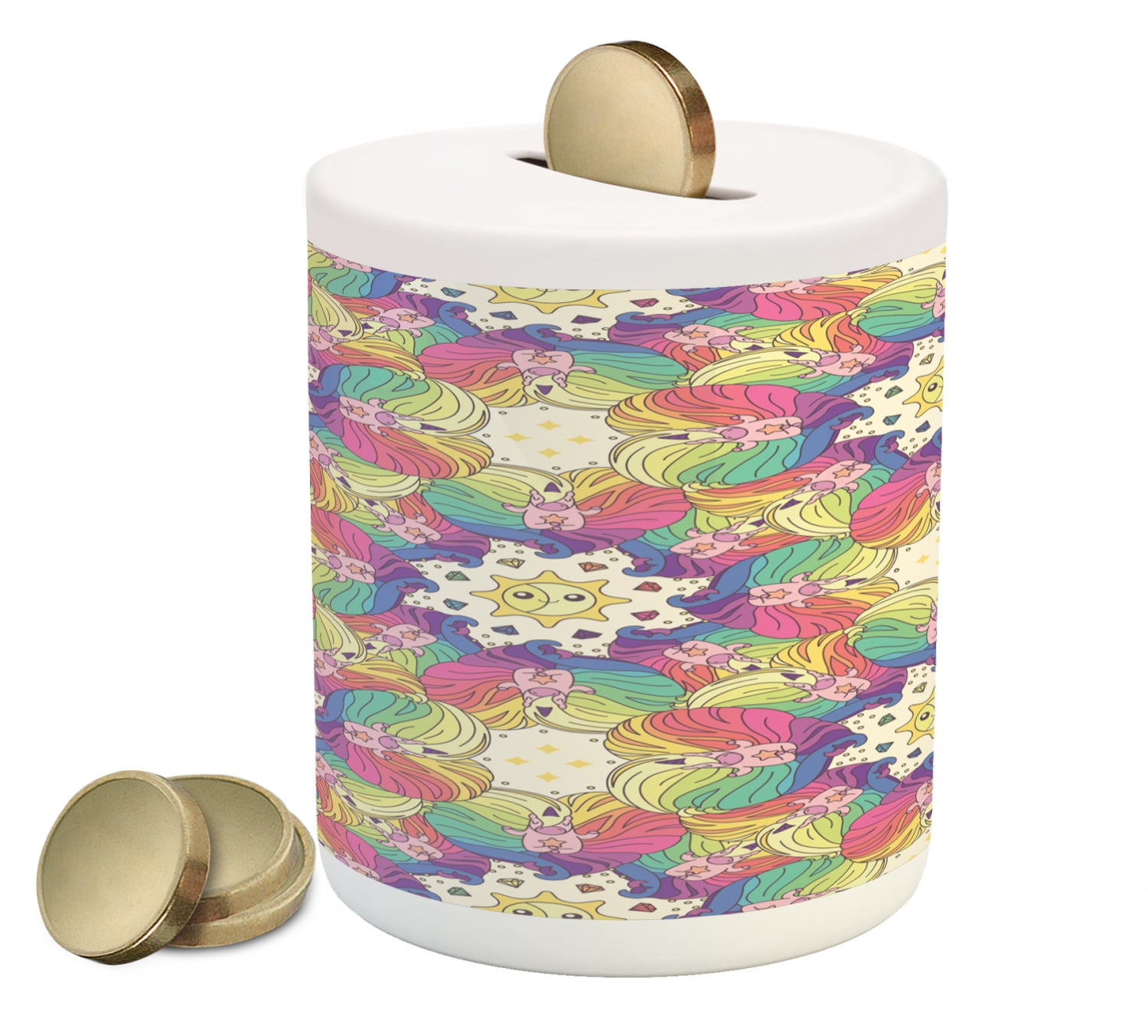 Unicorn Piggy Bank, Rainbow Colored Mane in Heart Shape with Smiling ...
