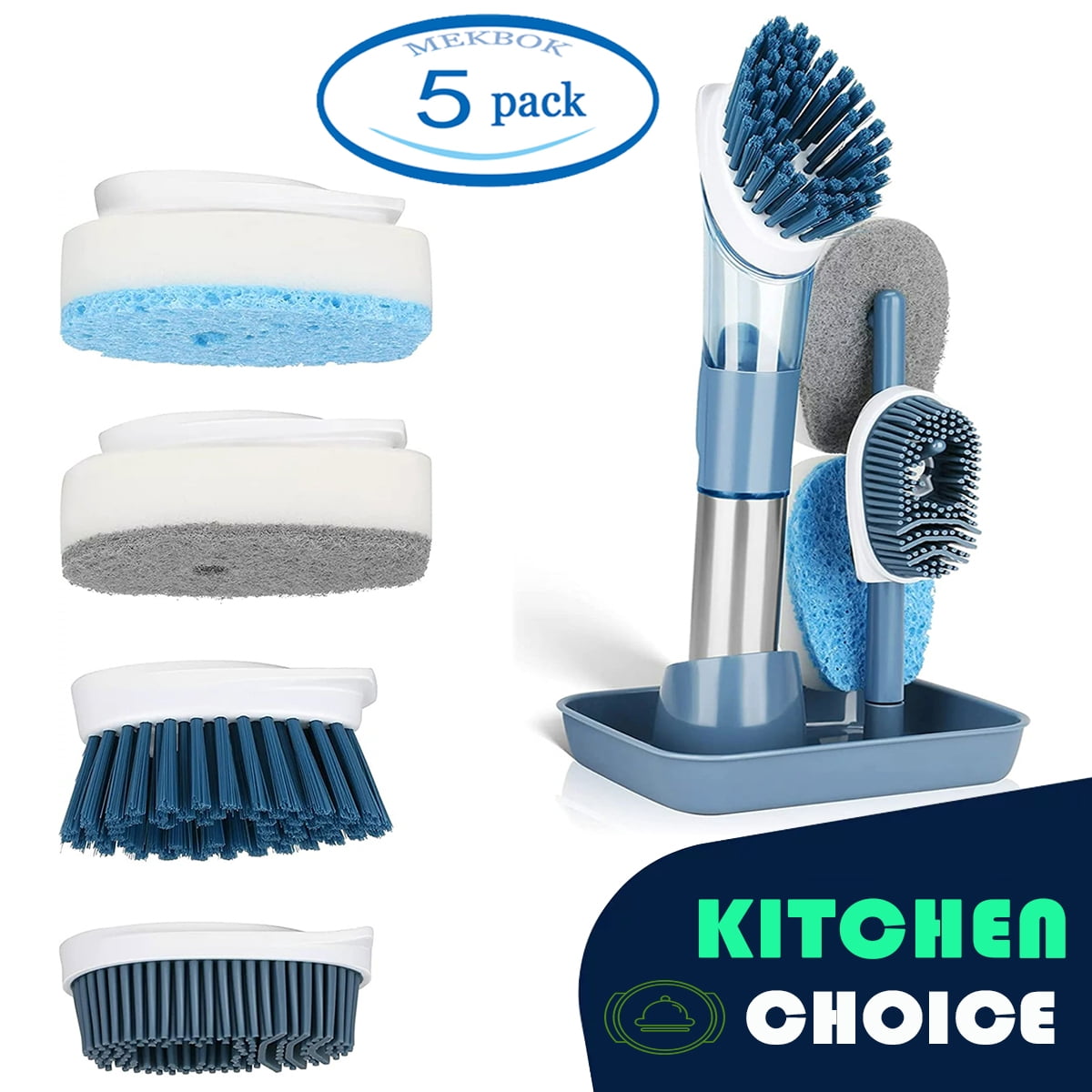 Soap Dispensing Dish Brush Set -MEKBOK Kitchen Brush with Stand 3 Brush ...