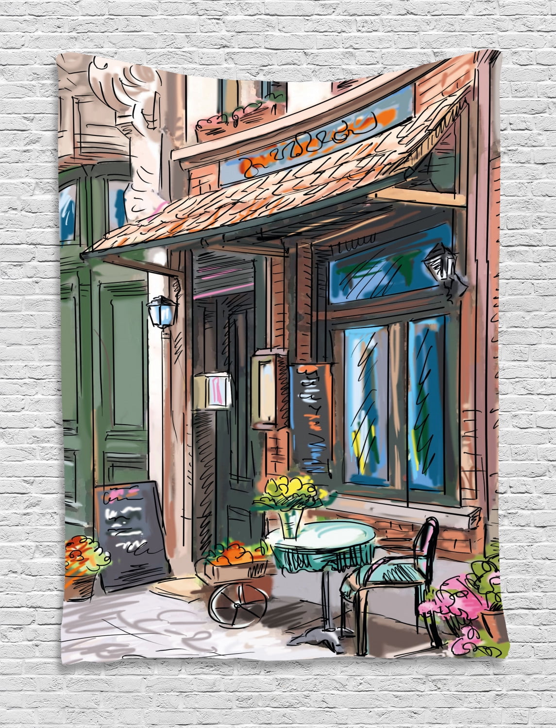 City Tapestry, Street in Paris Cafe Illustration Holiday Theme Summer ...