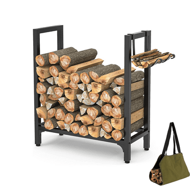 Firewood Log Cart Carrier - Outdoor or Indoor Black Steel Wood Rack ...