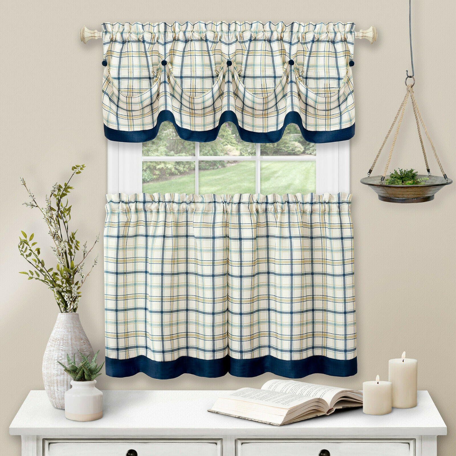 Country Farmhouse Plaid 3 Pc Tattersall Cafe Kitchen Curtain Tier