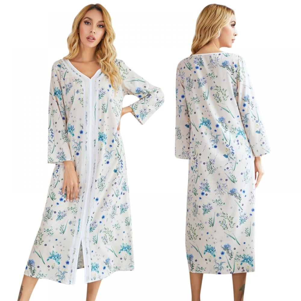 Baozhu House Dresses for Womens Robe Long Zip Up House Coat Half Sleeve ...