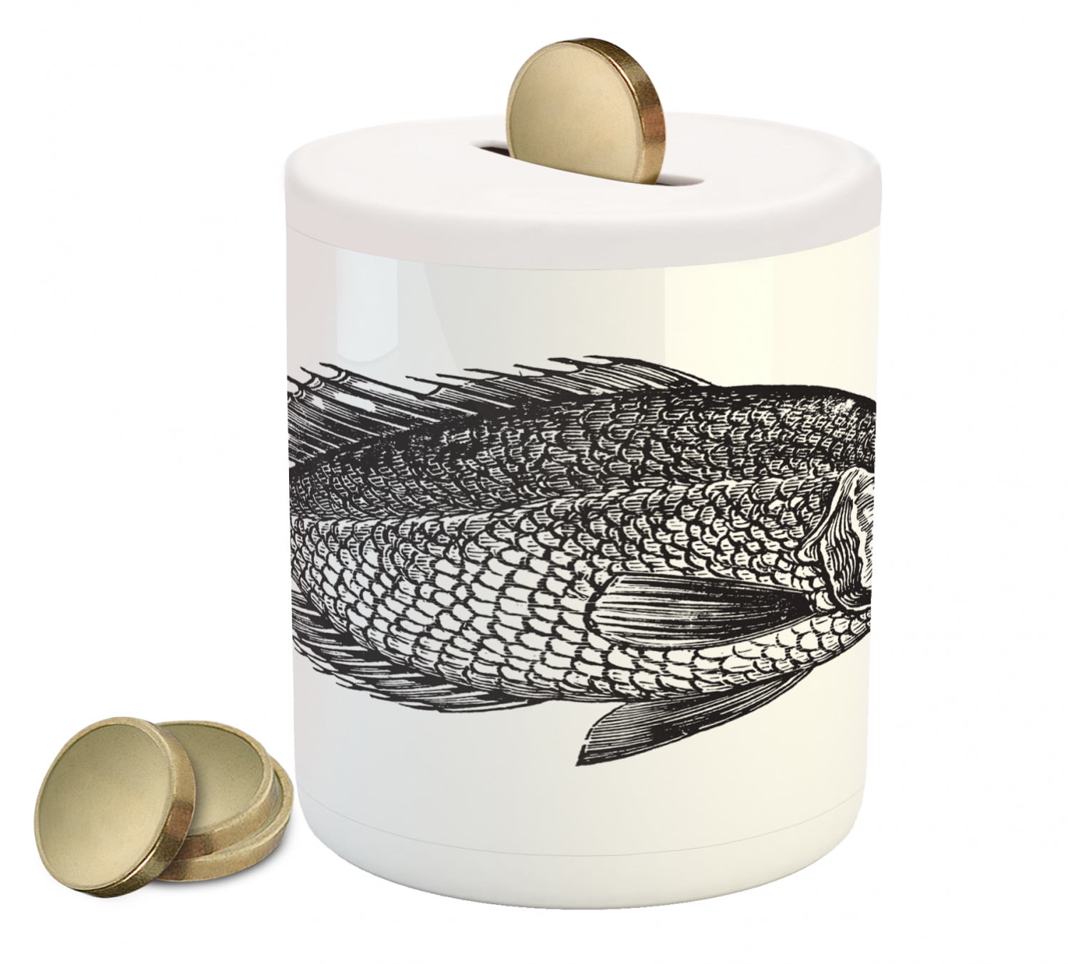Fish Piggy Bank, Vintage Design Rock Bass Fish Hand Drawn in Black and ...