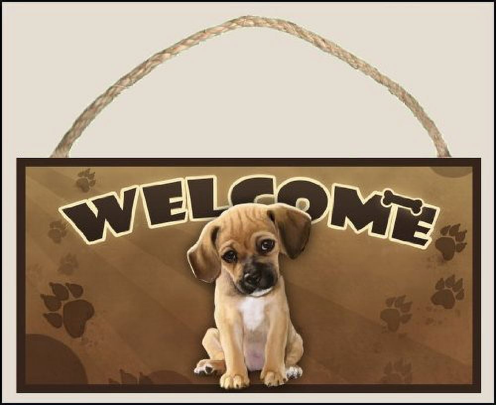 Puggle (sitting) 10" x 5" Wooden Welcome Sign Featuring the Art of ...