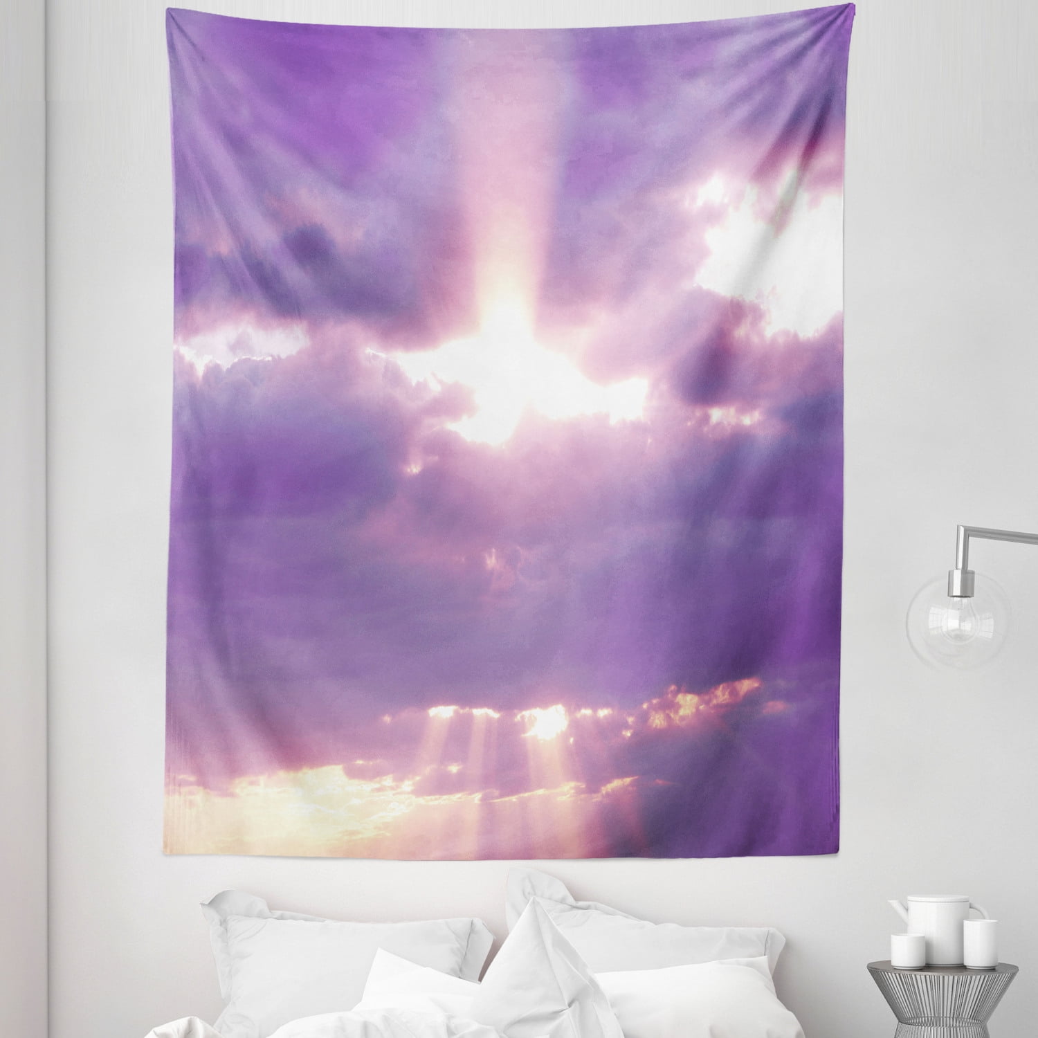 Landscape Tapestry, Sunburst on Cloudy Sky Rainy Weather Romantic View ...