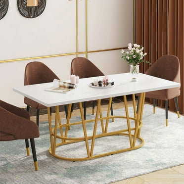 71'' Modern Rectangle Dining Table with Imitation Marble Glass Tabletop ...