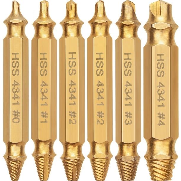 Double-Sided Screw Extractor Set, 6 pc Gold-Plated Stripped Screw ...