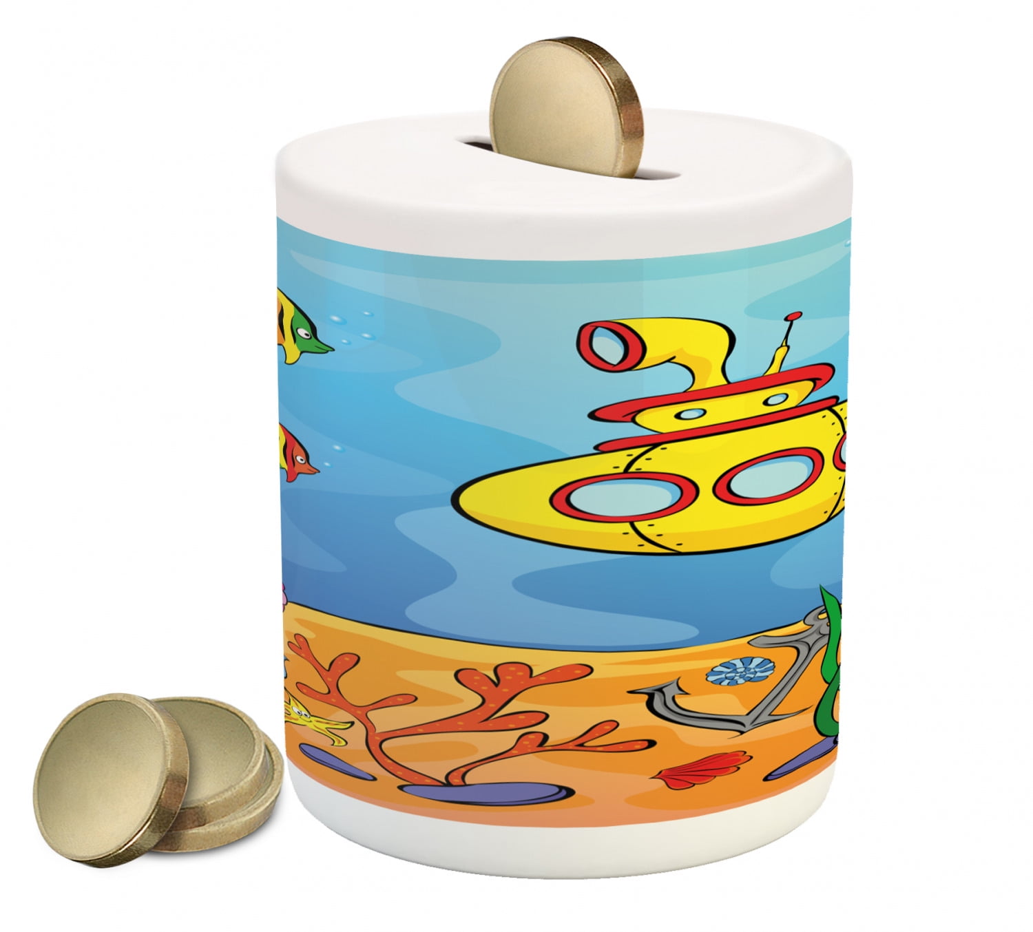 Yellow Submarine Piggy Bank, Underwater Theme Vehicle Seahorse Starfish ...