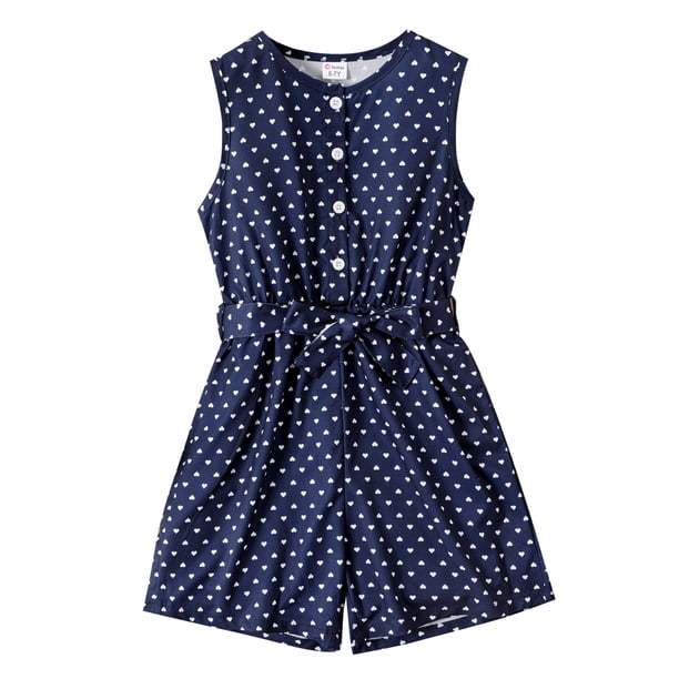 PatPat Girls Romper Allover Heart Print Belted Tank Romper Summer ...