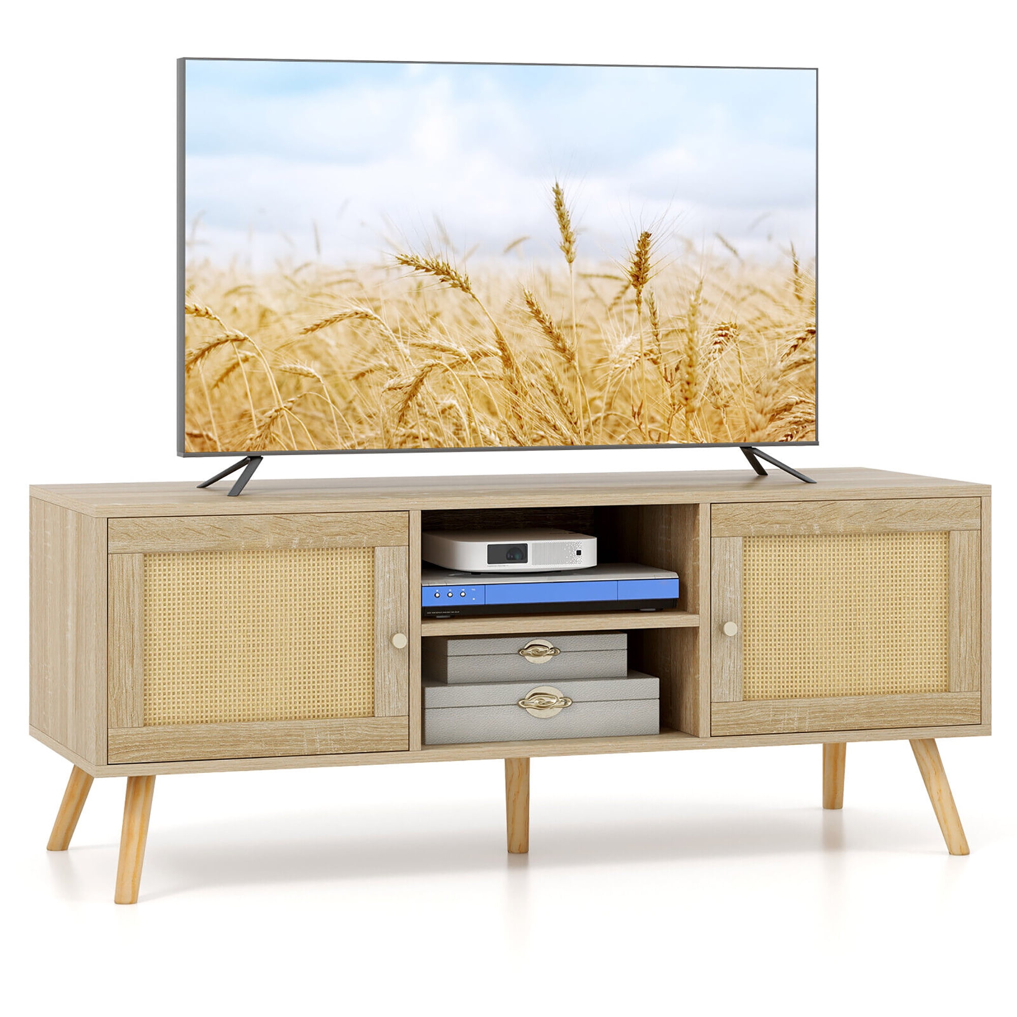 Gymax Boho TV Stand PE Rattan Media Console Table w/ Cabinets & Open ...
