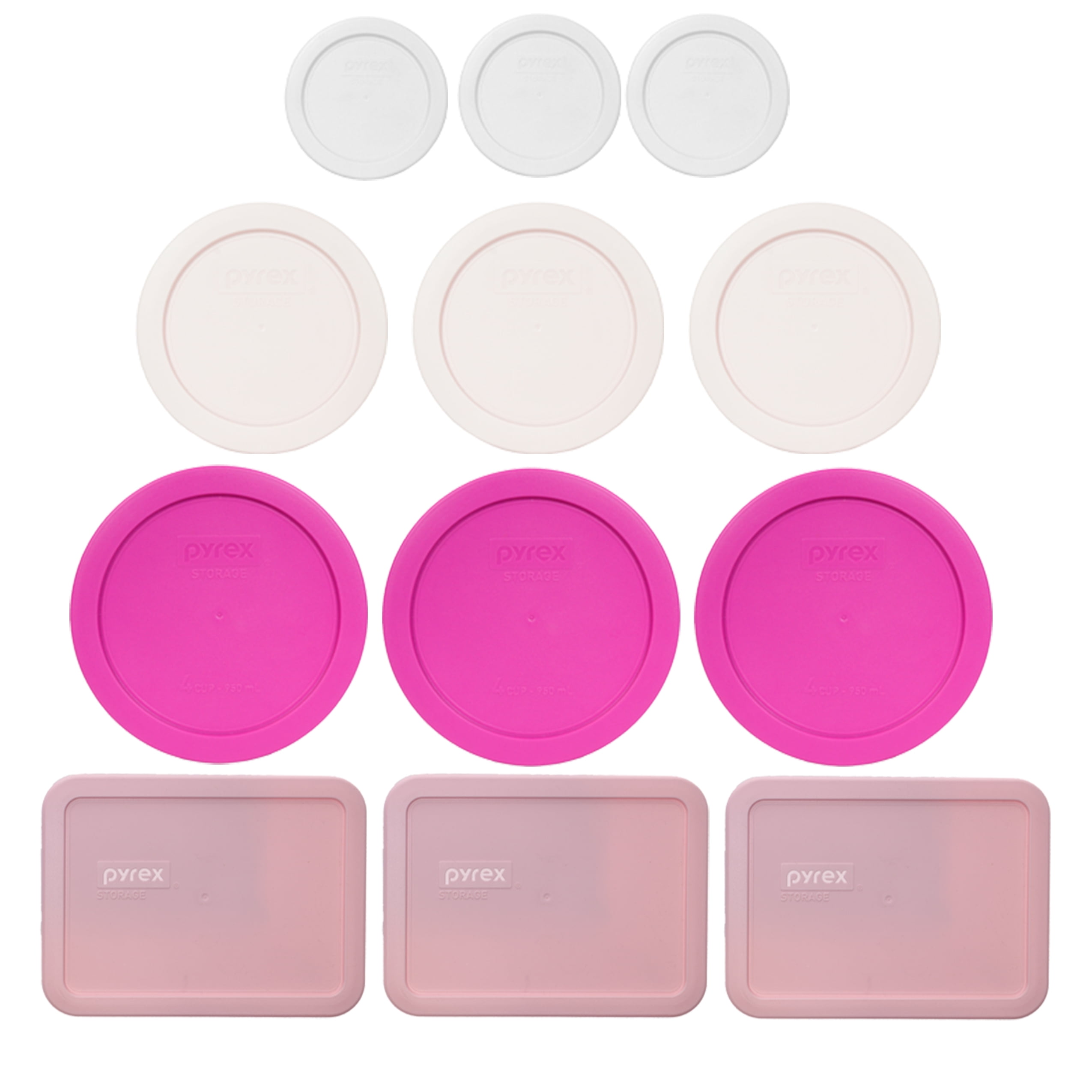 Pyrex (3) 7202-PC White Lids, (3) 7200-PC Nouveau Pink Lids, (3) 7201 ...