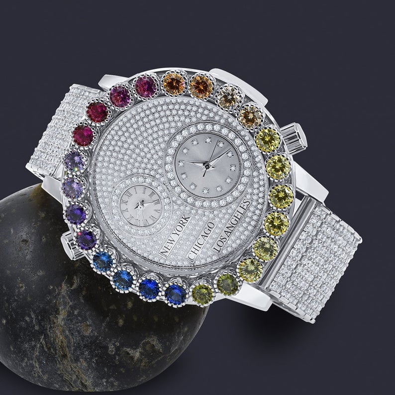 King Crown Jewelers - Solitaire Men's 18K White Gold Finish Rainbow ...