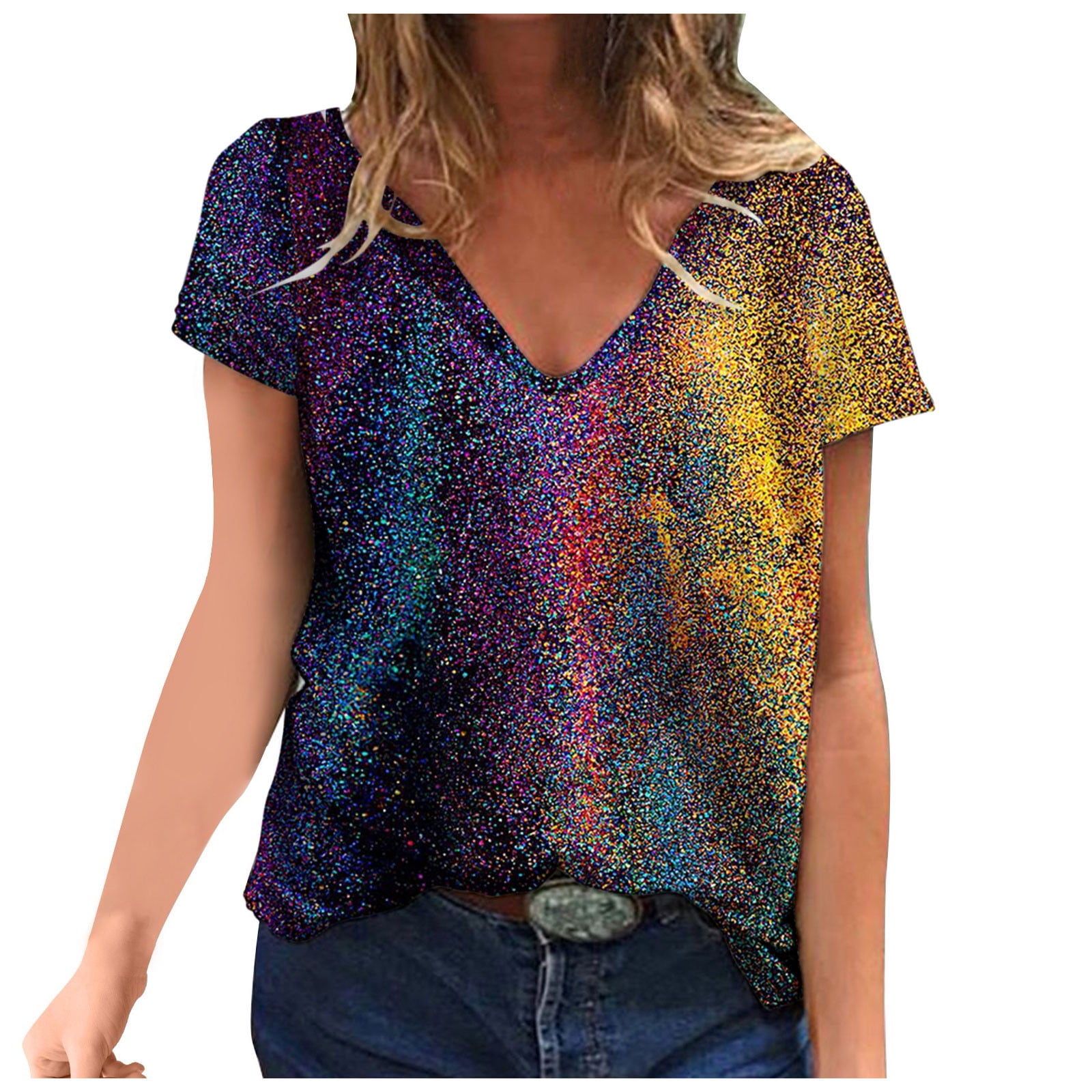 RKZDSR Sparkly Floral Printed Summer Tops for Women Dressy Casual Short ...