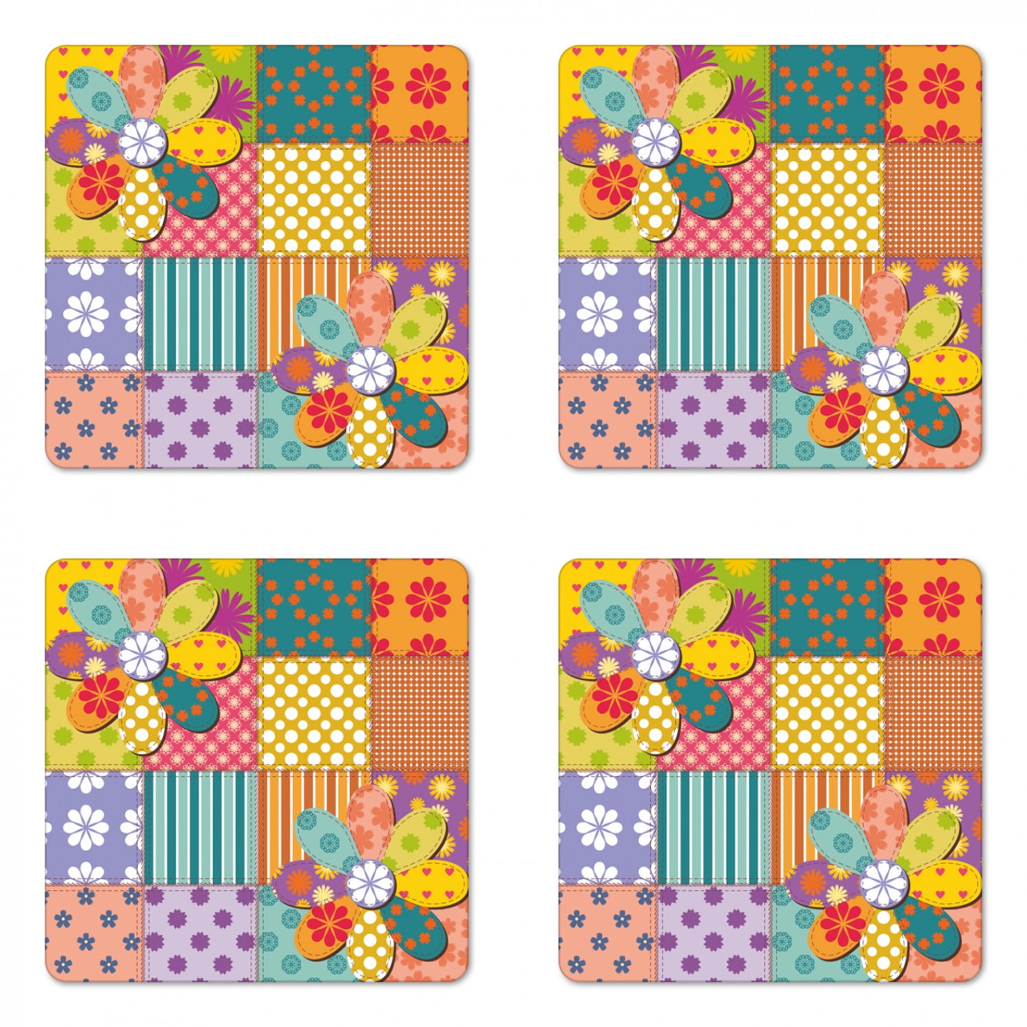 Colorful Coaster Set of 4, Various Type of Floral and Geometric Forms ...
