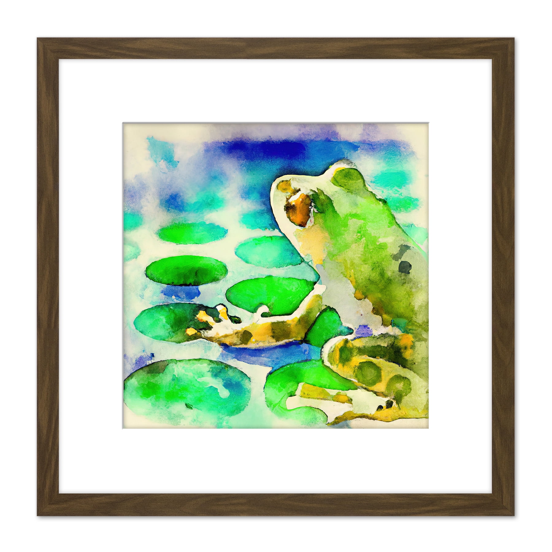 Frog on the Lily Pads Pod Blue Green Watercolour Painting Square Wooden ...