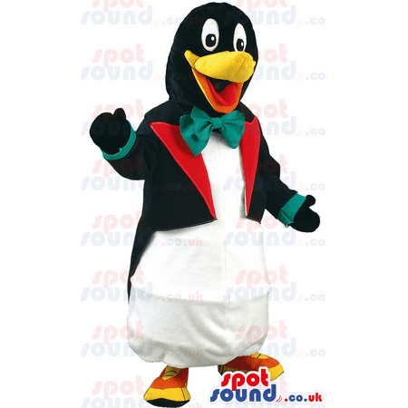 Upbeat penguin SPOTSOUND Mascot wearing a black tuxedo with red collar ...
