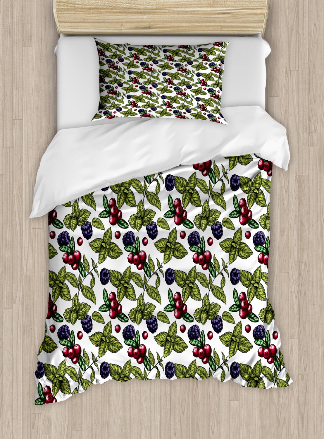 Cranberry Duvet Cover Set Twin Size Berry Mint Leaf Herbs Blackberry