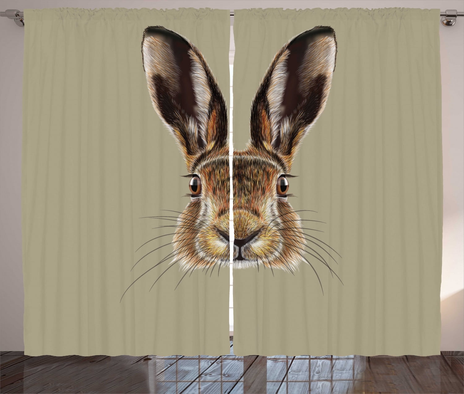 Bunny Curtains 2 Panels Set, Cute Face of a Wild Hare Realistic ...