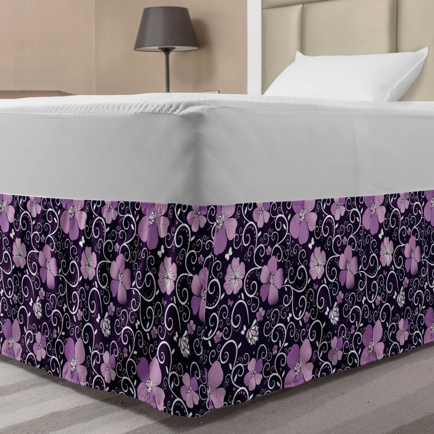Floral Bed Skirt, Butterfly Silhouettes with Plant Flower Patterned ...