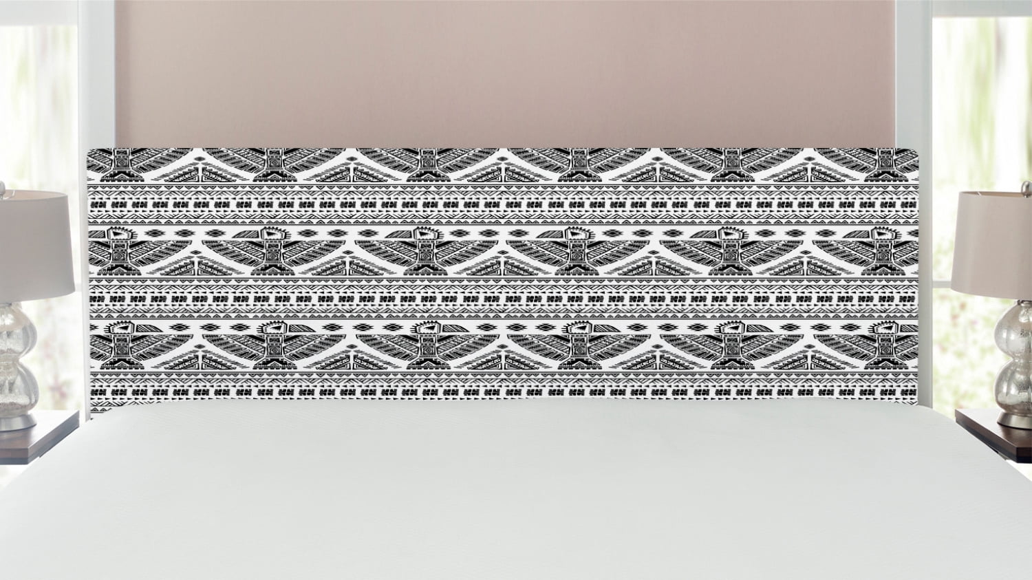 Black White Headboard, Prehistoric Art Pattern with Eagle Mystic ...