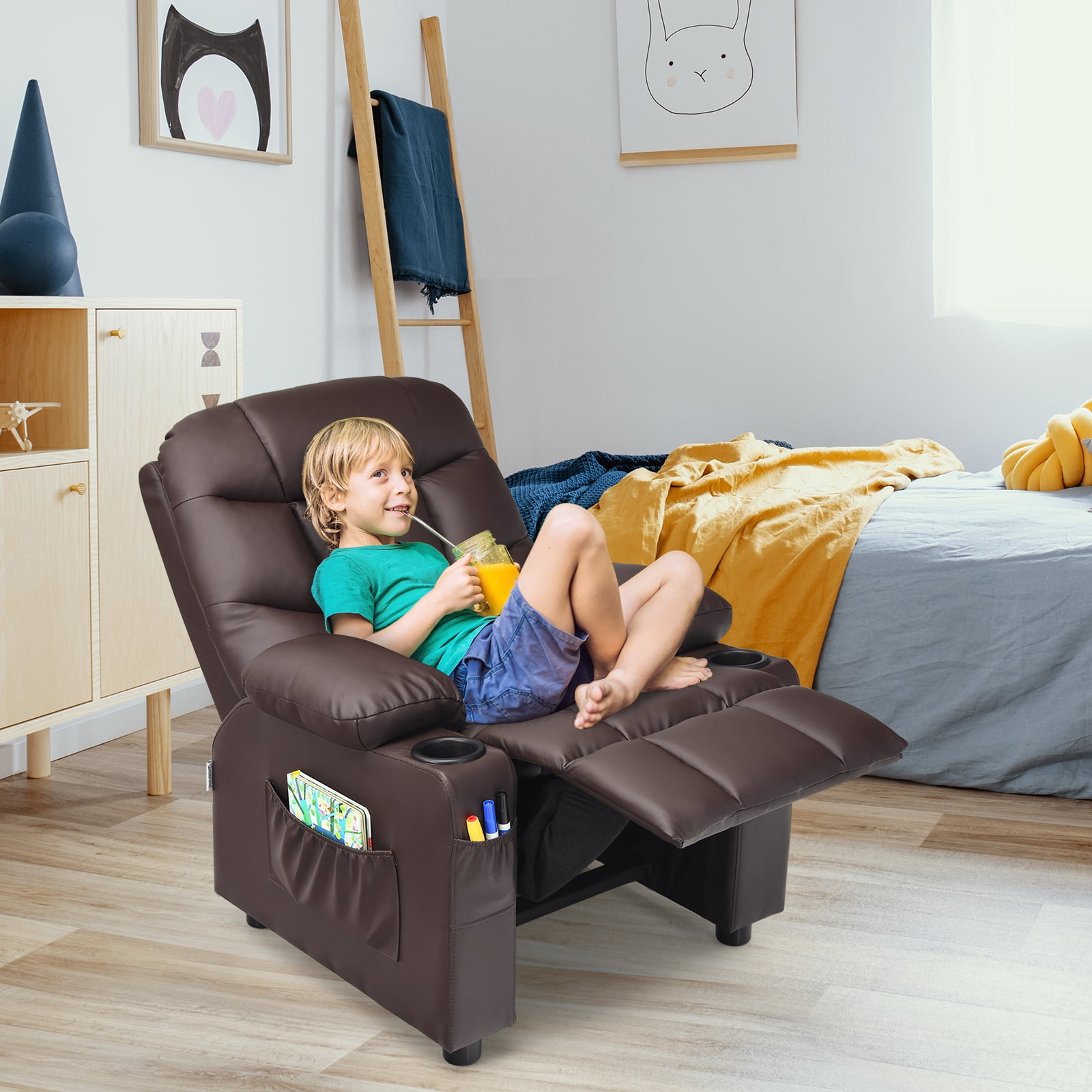 Infans Kids Youth Recliner Chair PU Leather w/Cup Holders & Side ...