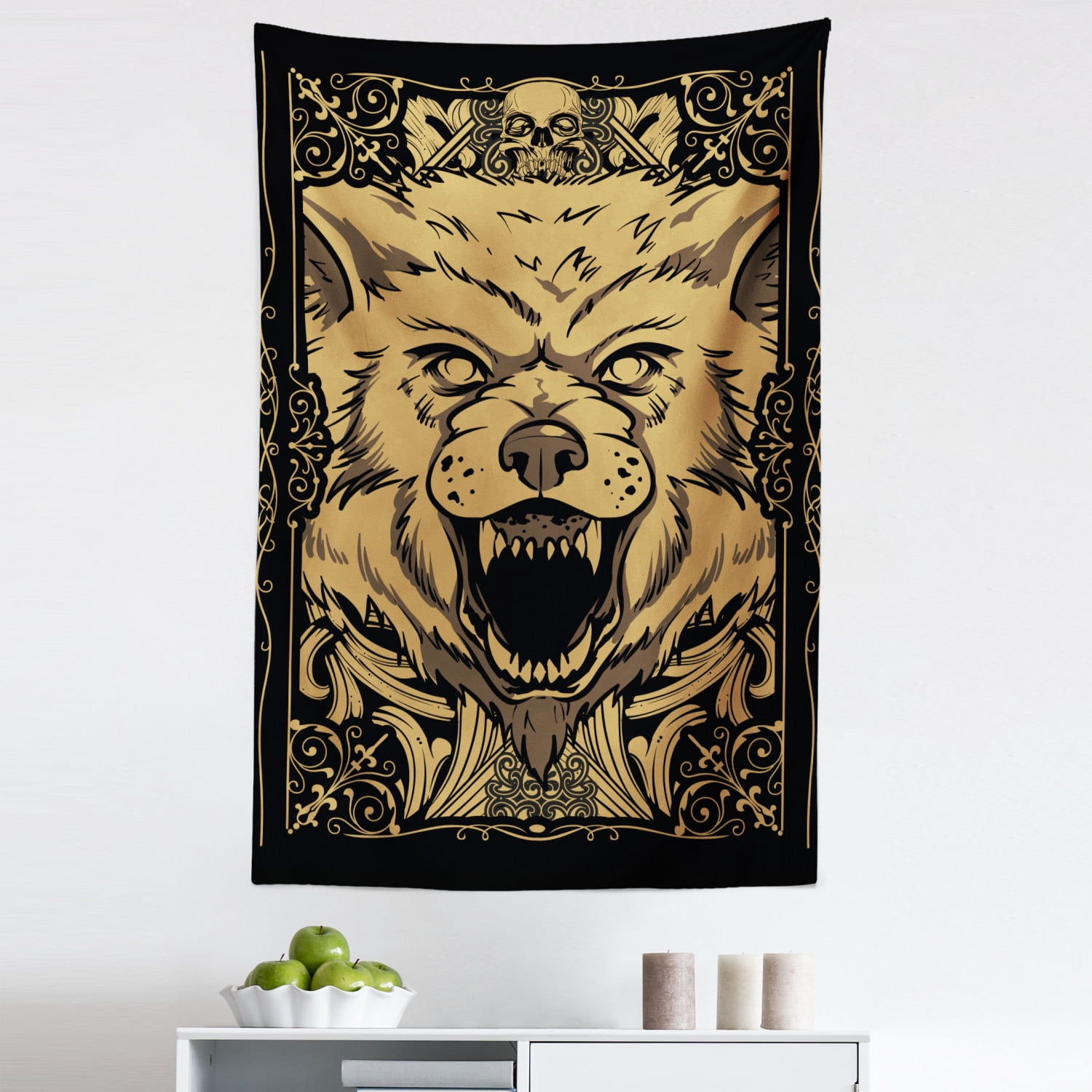 Wolf Tapestry, Angry Carnivore Animal Face with Skull Ornamental ...