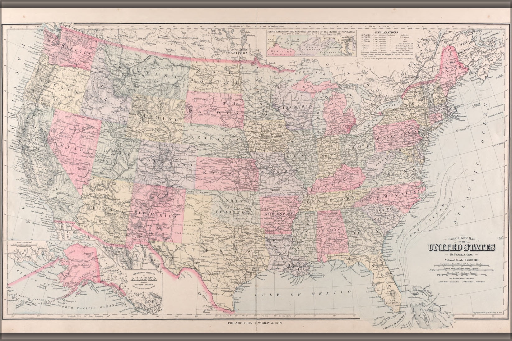 24"x36" Gallery Poster, map of the united states of america 1891 ...