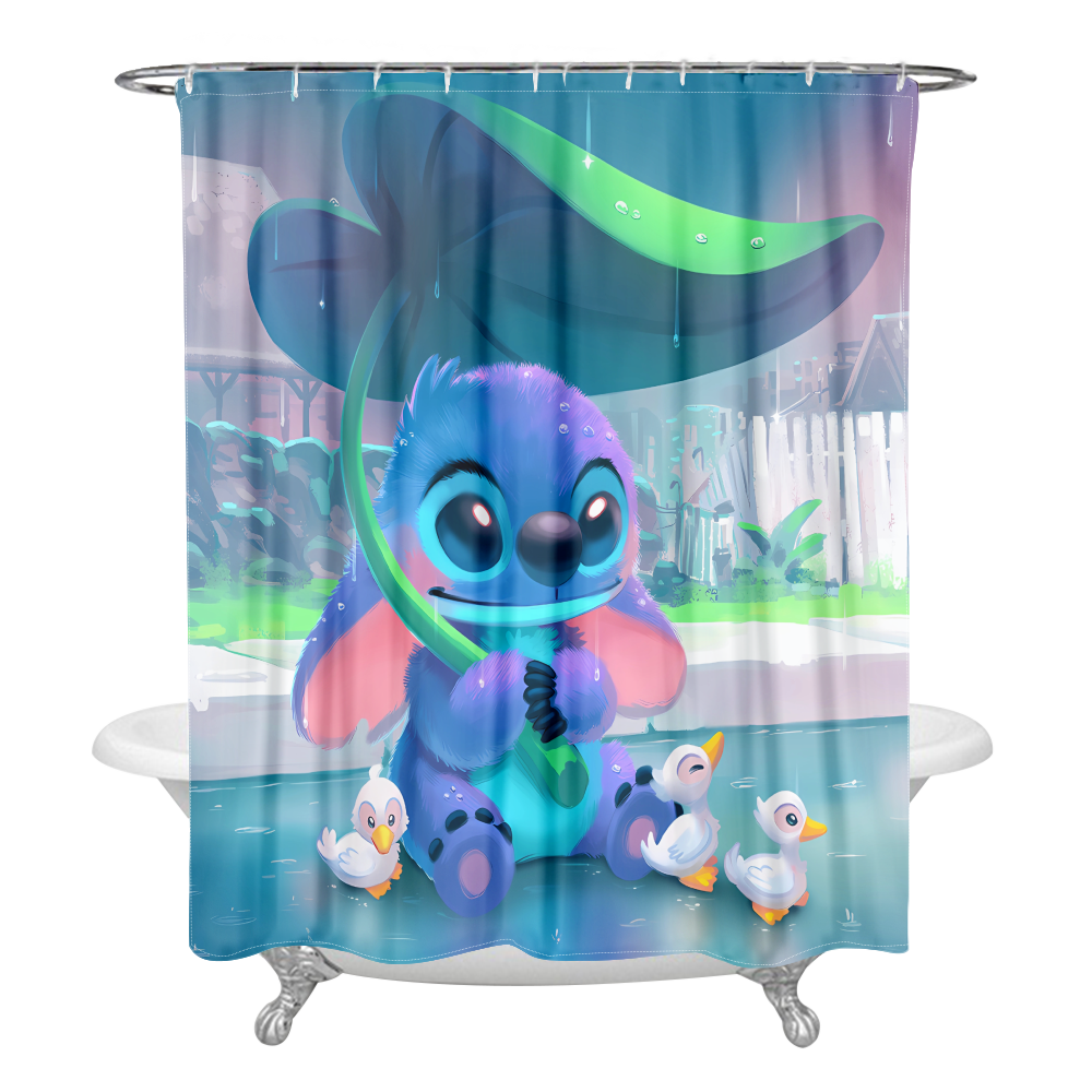 Lilo And Stitch Cartoon Print Shower Curtain Waterproof Fabrics With Hook