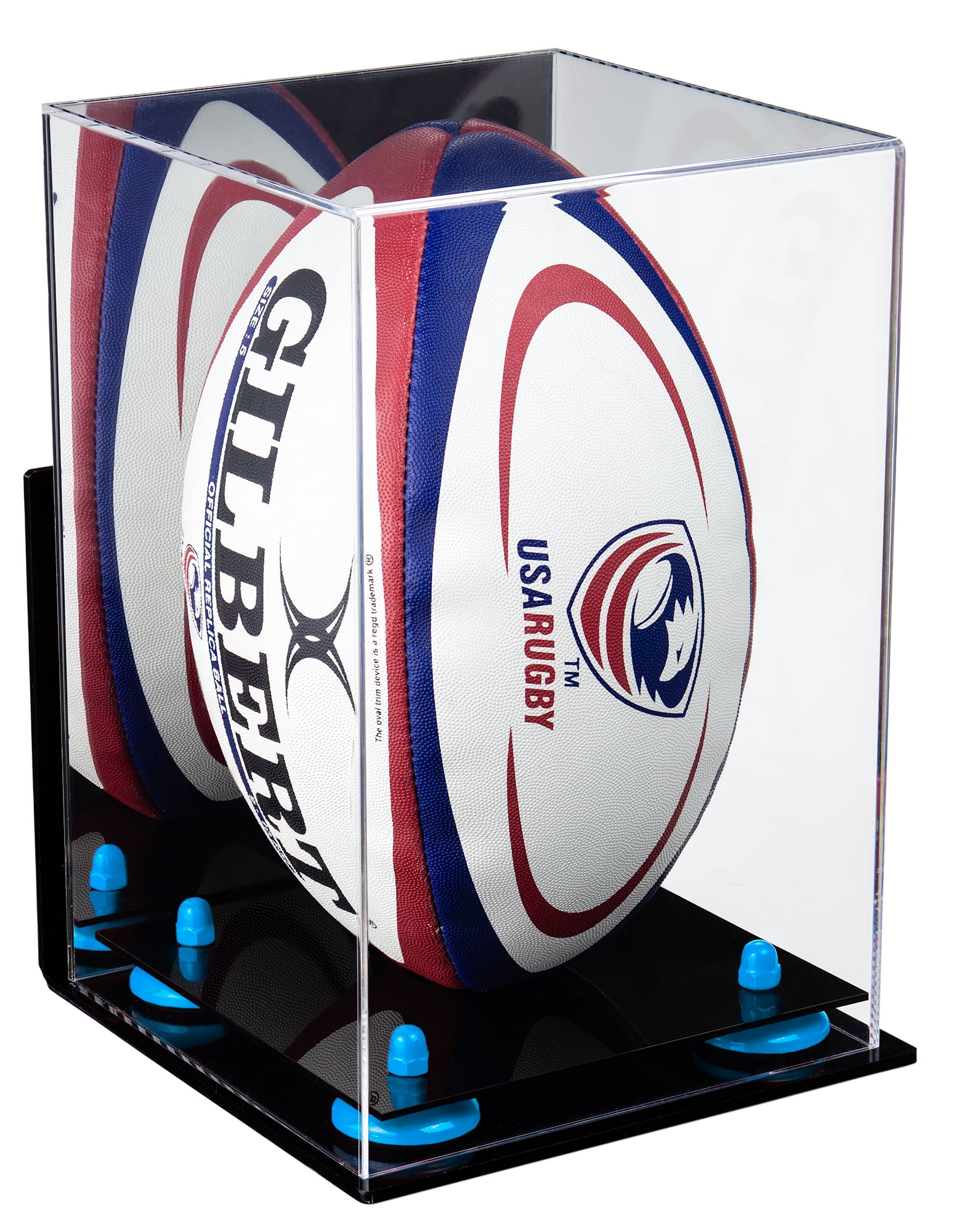 Deluxe Acrylic Rugby Ball Display Case with Mirror, Wall Mount and Blue ...