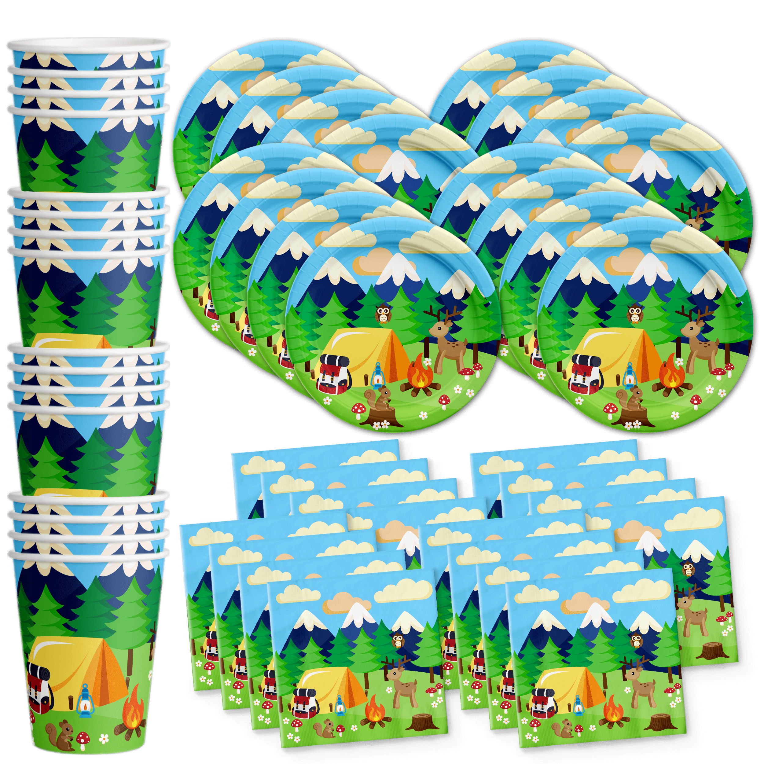 Camping Birthday Party Supplies Set Plates Napkins Cups Tableware Kit camping-birthday-party-supplies-set-plates-napkins-cups-tableware-kit