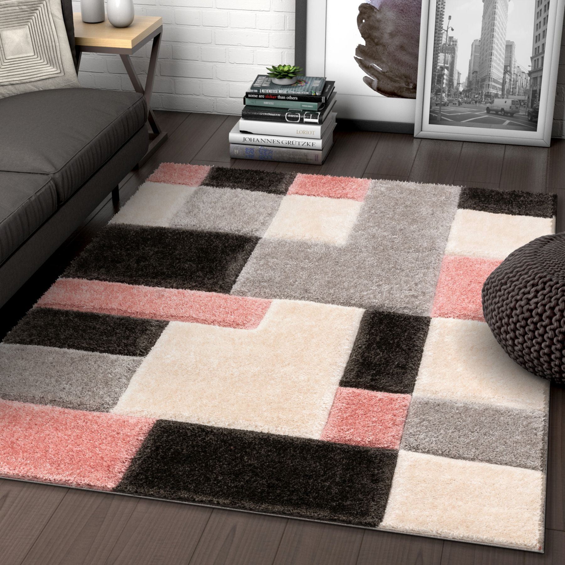 Well Woven Ella Pink Geometric Boxes Thick Soft Plush 3D Textured Shag ...