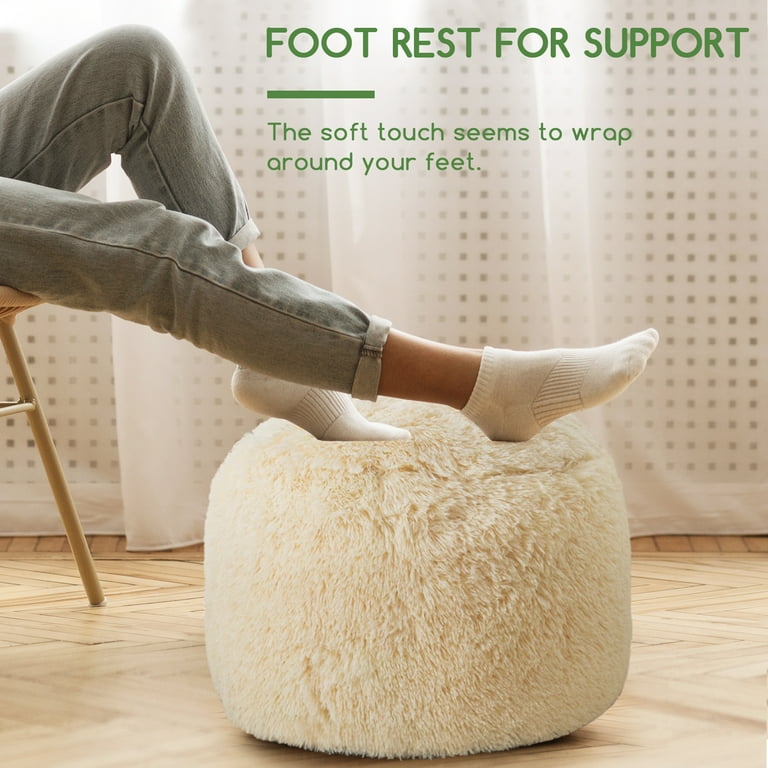 BYBYME Round Pouf Ottoman A Modern Foam Stuffed Poof Perfect to Rest Your Feet 20X15 Faux Fur Soft Poufs for Living Room Beige