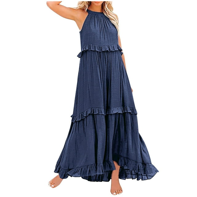 Long Summer Dresses For Women Sleeveless Maxi Dress Casual Flowy Ruffle ...