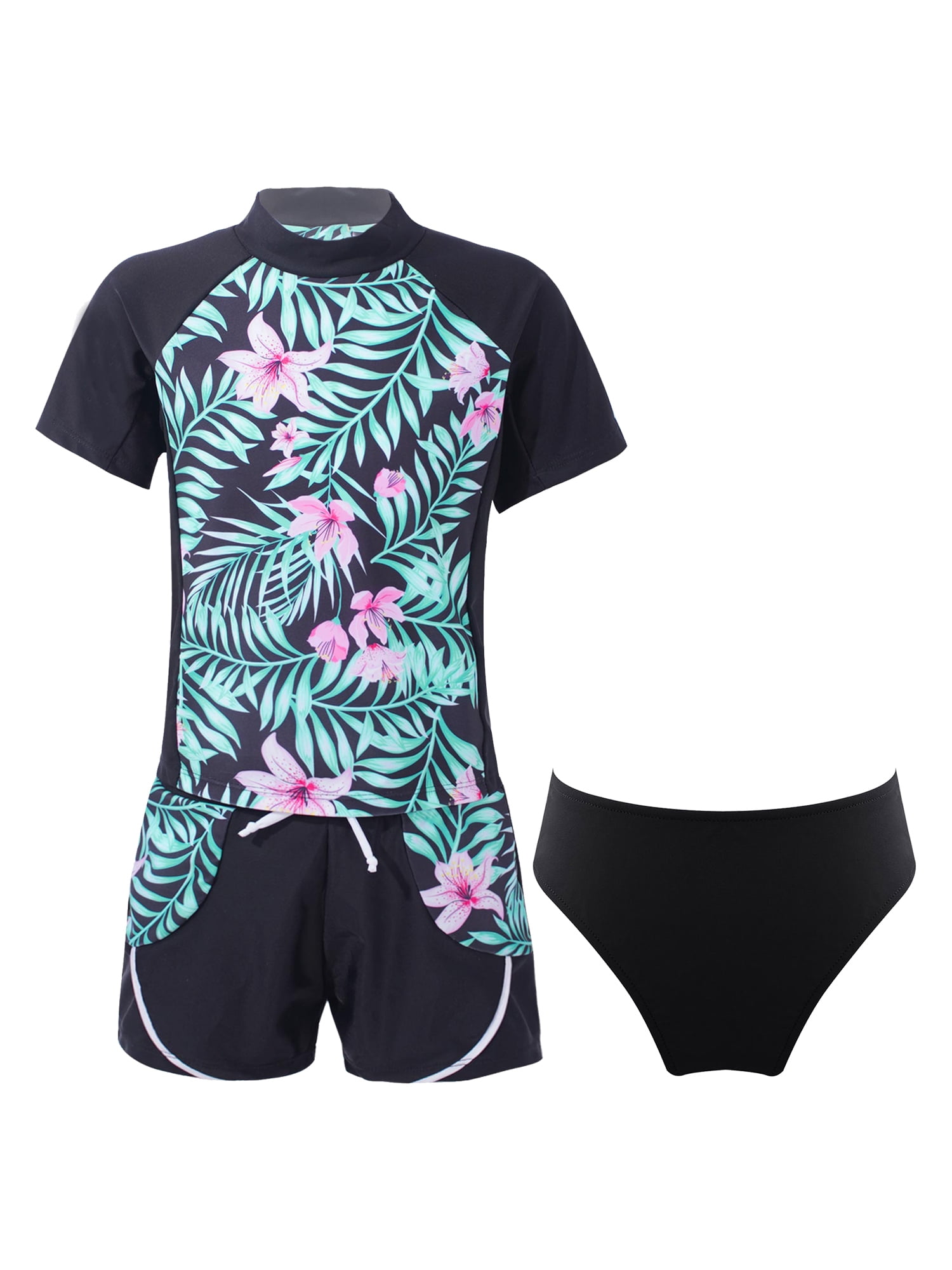 renvena Girls 3 Pcs Athletic Tankini Rashguard Shirts with Brief Shorts ...