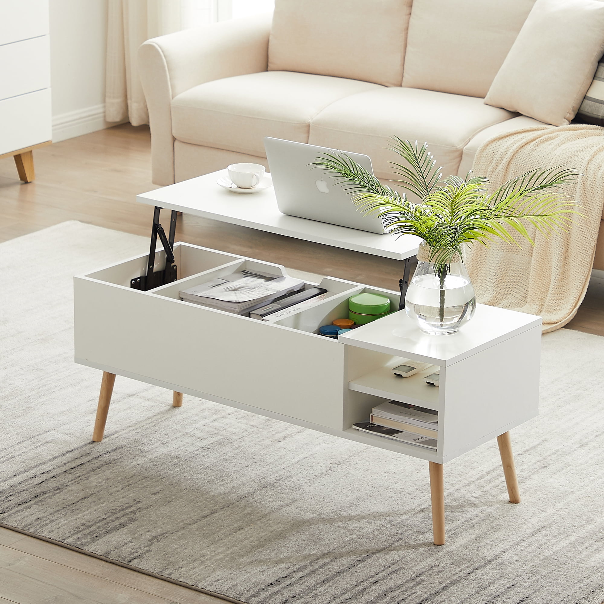 Coffee Table with Storage Shelves, Wood Storage Cabinet Table with lift ...