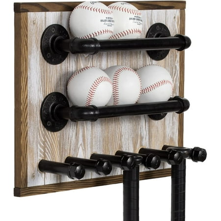 MyGift 2-Tone Whitewashed Wood Baseball Holder and Bat Rack with Black ...